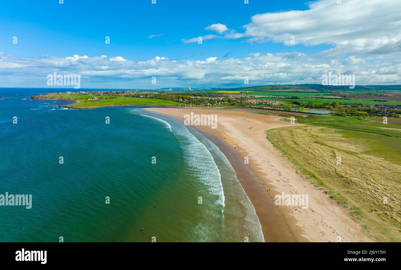 Aerial view of Belhaven Bay beach at Dunbar in East Lothian, Scotland ...