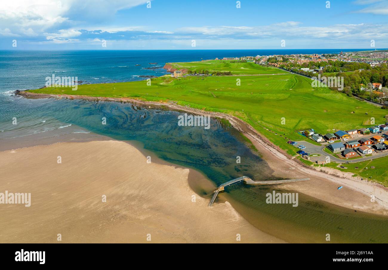 Aerial view of Belhaven Bridge over Biel Water and Winterfield Golf ...