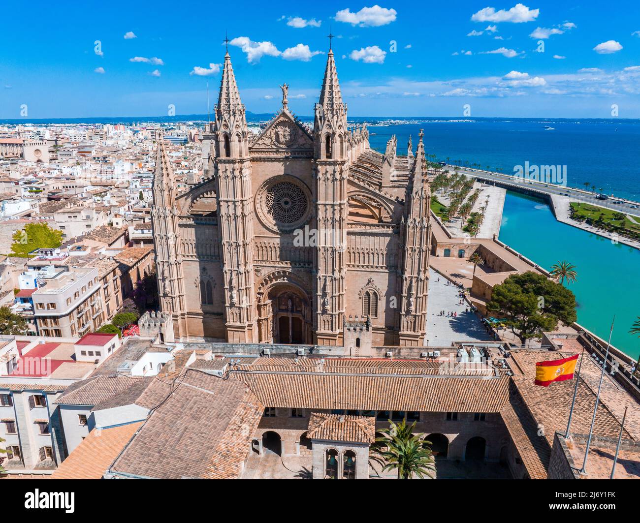 Aerial view of the Spanish flag near the La Seu in Mallorca, Spain ...