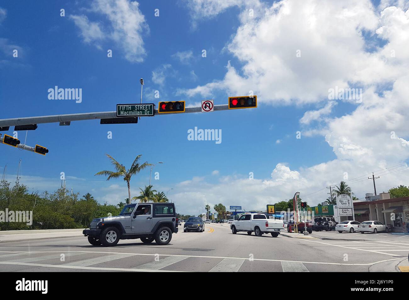 Palm trees along the highway with a red traffic light and turning car ...