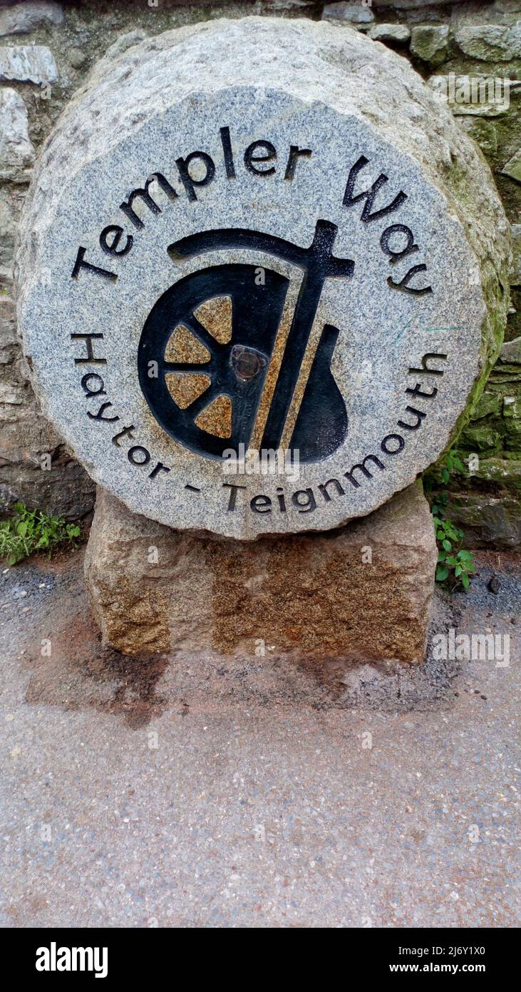 Stone sign marking the Templer Way, at the Sand Quay, Teignmouth, Devon ...