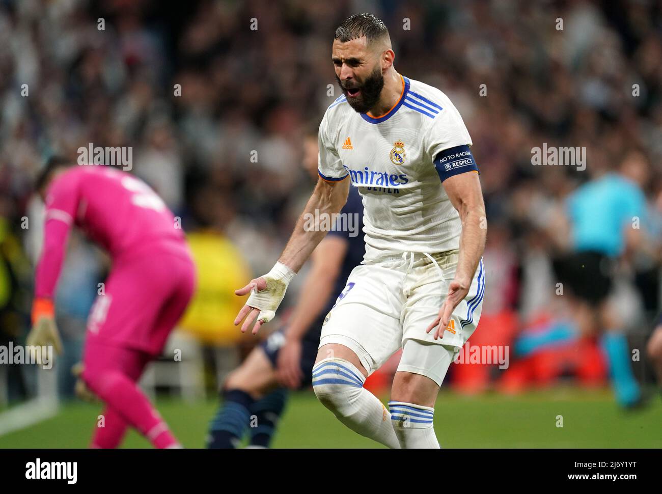 Real Madrid's Karim Benzema celebrates scoring his sides third goal ...