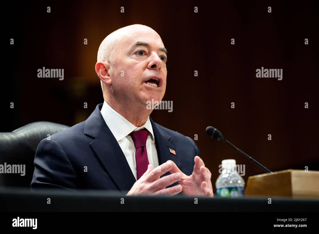 U.S. Secretary of Homeland Security Alejandro Mayorkas speaking at a ...