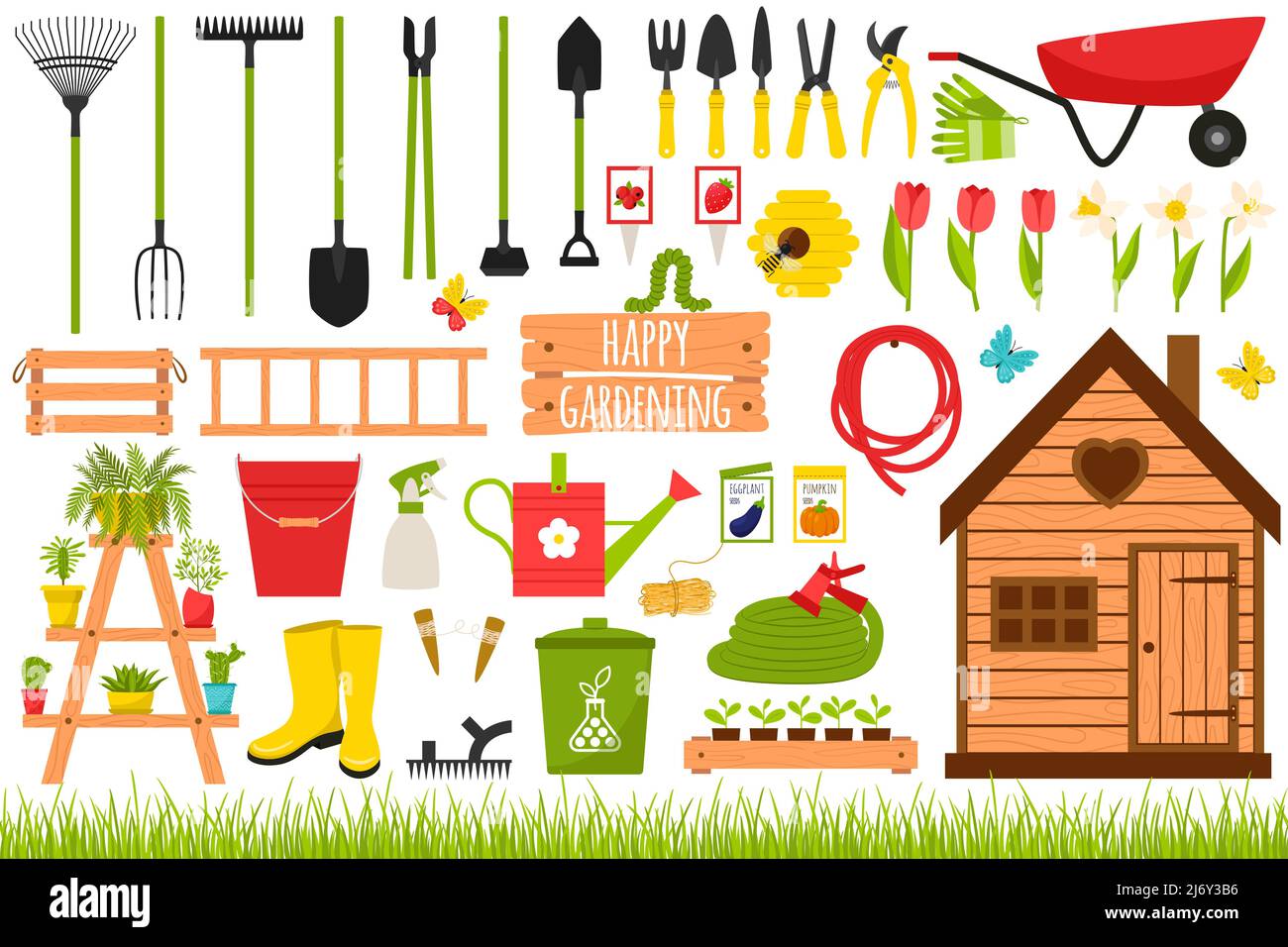 A large collection of garden tools, tools, wooden accessories, plants ...