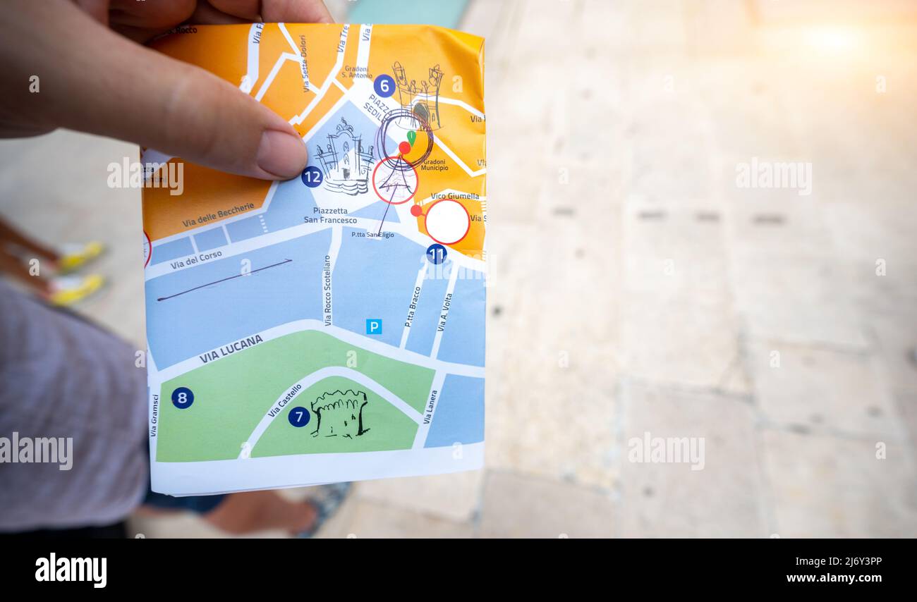 Matera, Basilicata, Italy. August 2021. Close-up image on a tourist map ...