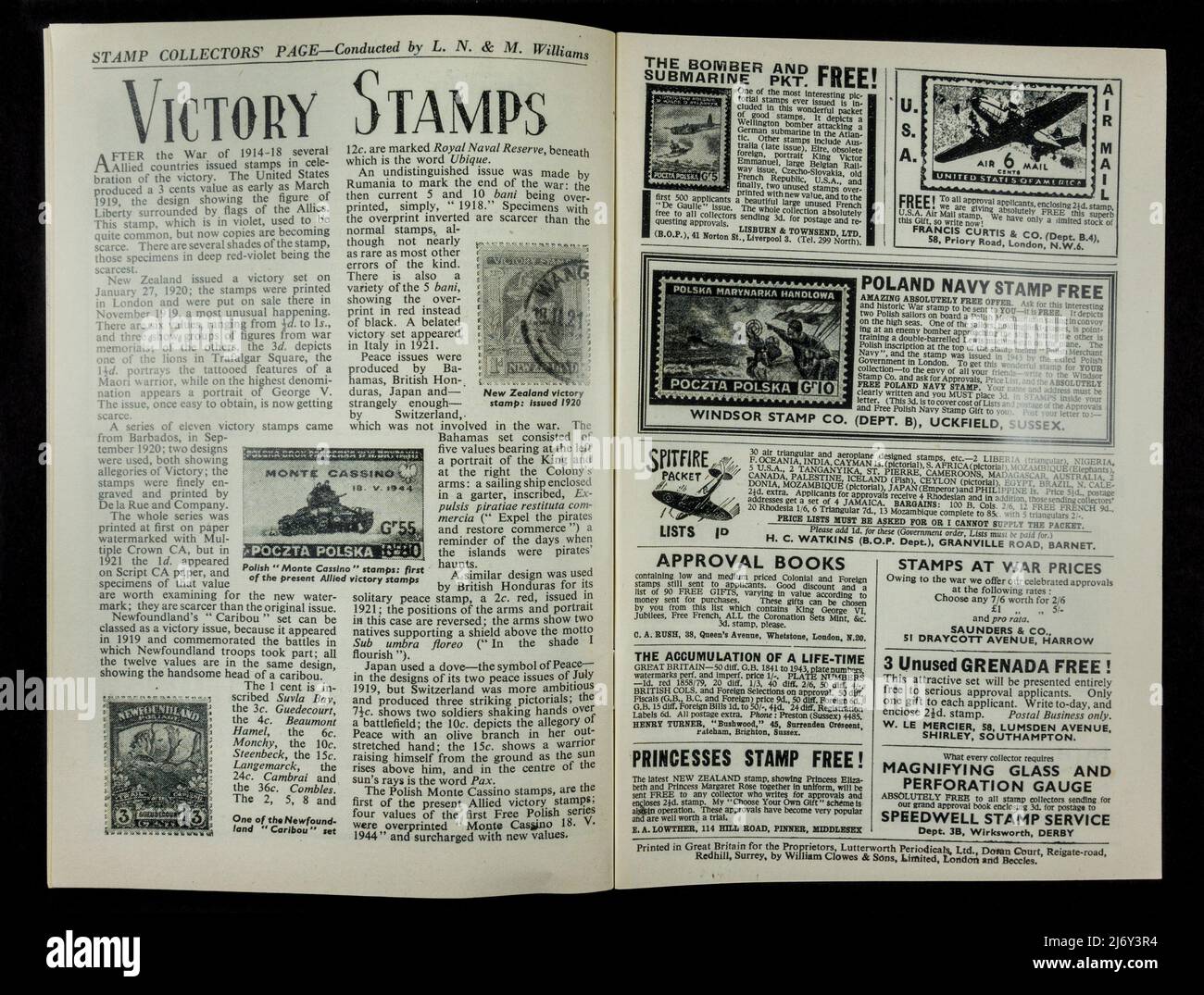 Article on 'Victory Stamps' and a page of ads for stamps in the Dec ...
