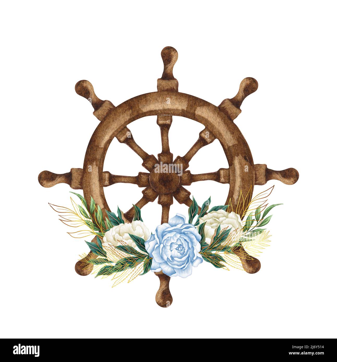 Watercolor hand drawn nautical, marine, floral illustration with wooden ...