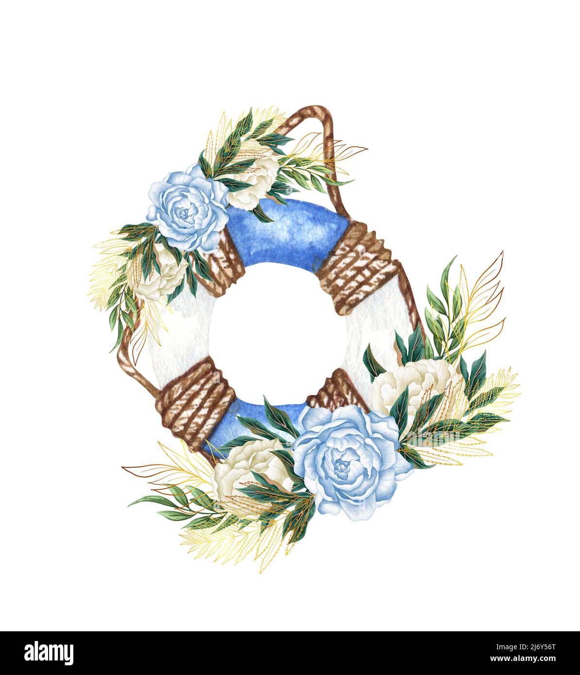 Watercolor hand drawn nautical, marine, floral illustration with ...