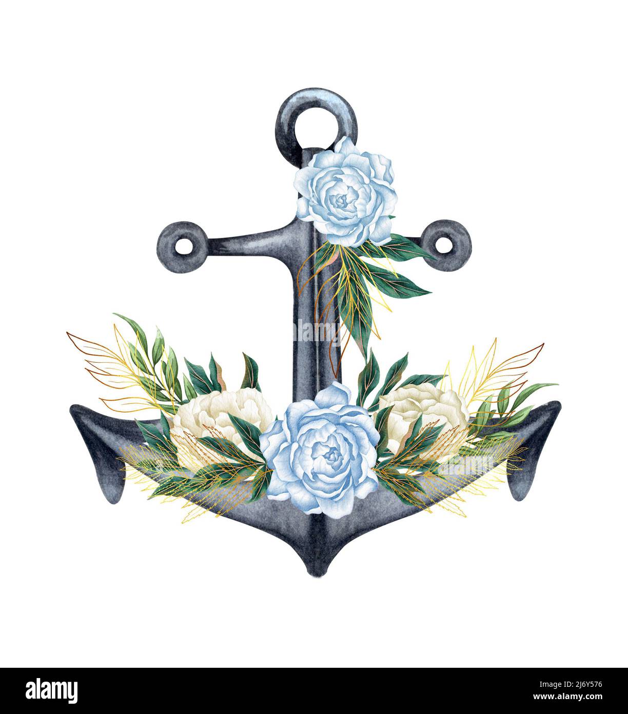 Watercolor hand drawn nautical, marine, floral illustration with anchor ...