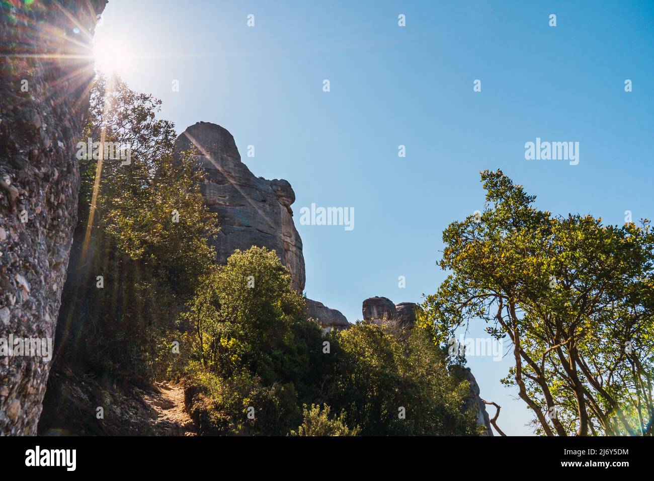 Mountain scenery, forest illuminated by the sunbems and blue sky ...