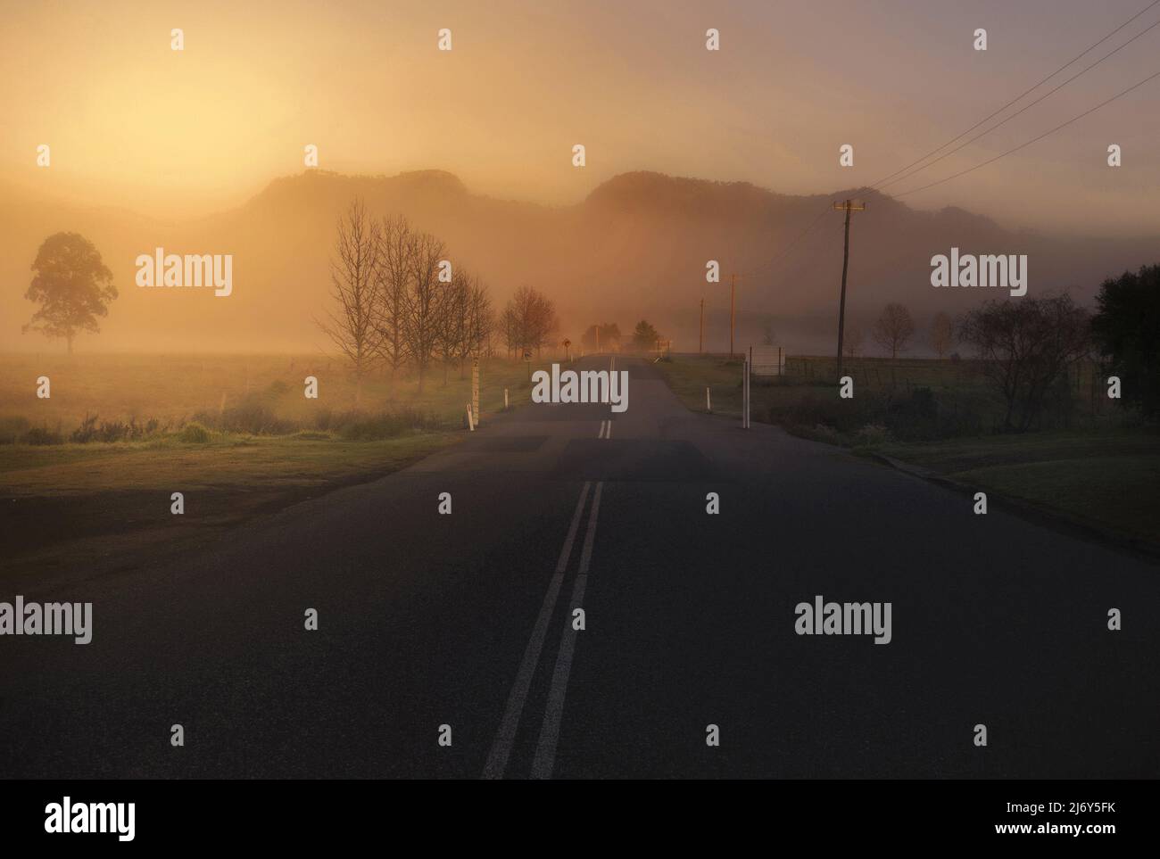 Country road with morning mist, near Gloucester, Hunter Valley, New ...