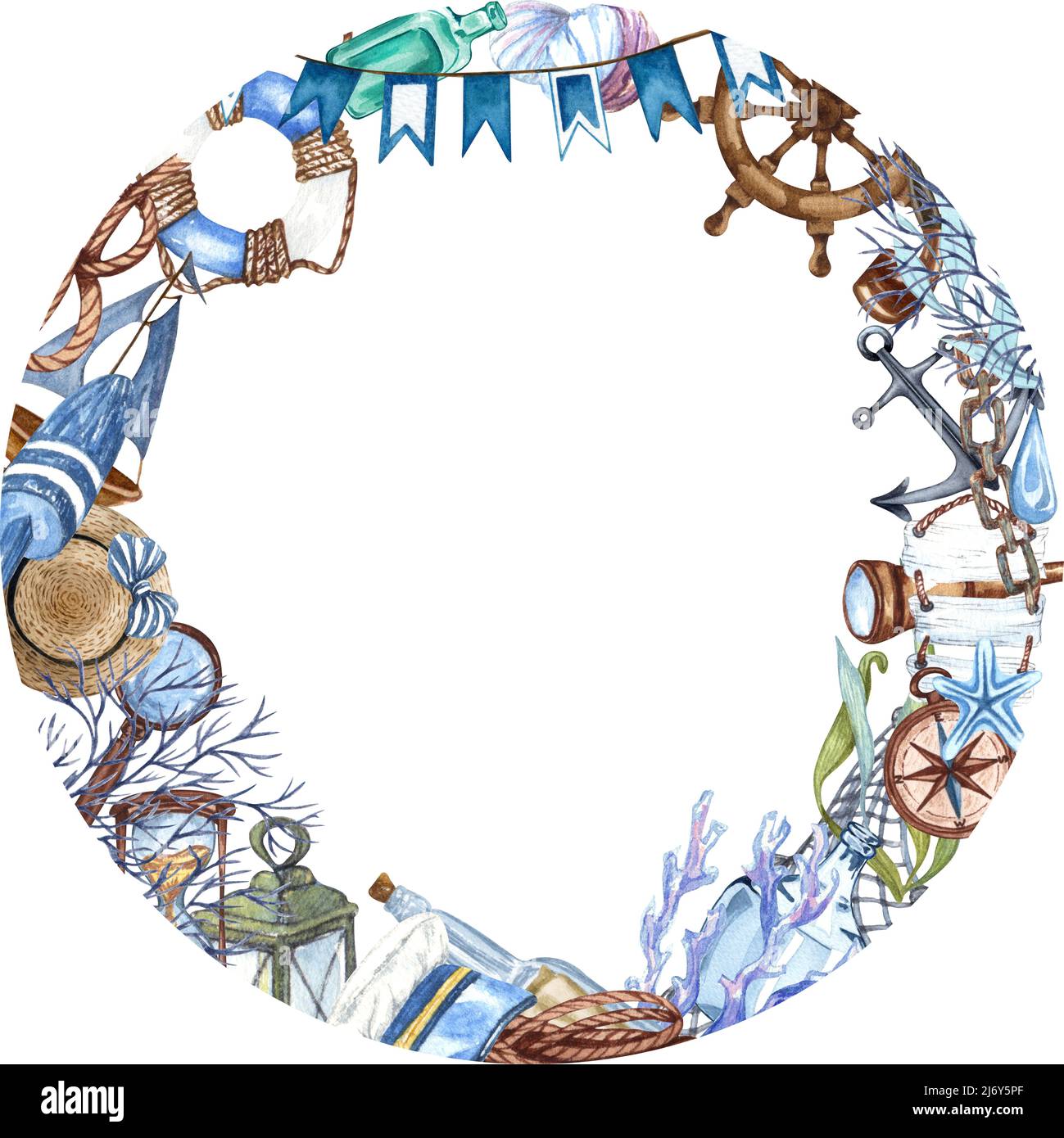 Watercolor nautical, marine frame with lighthouse, lifebuoy, anchor ...