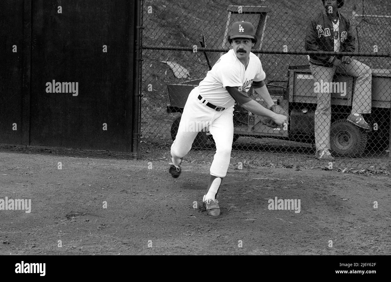Dodger pitcher Bobby Castillo warming up in the bullpen at an ...