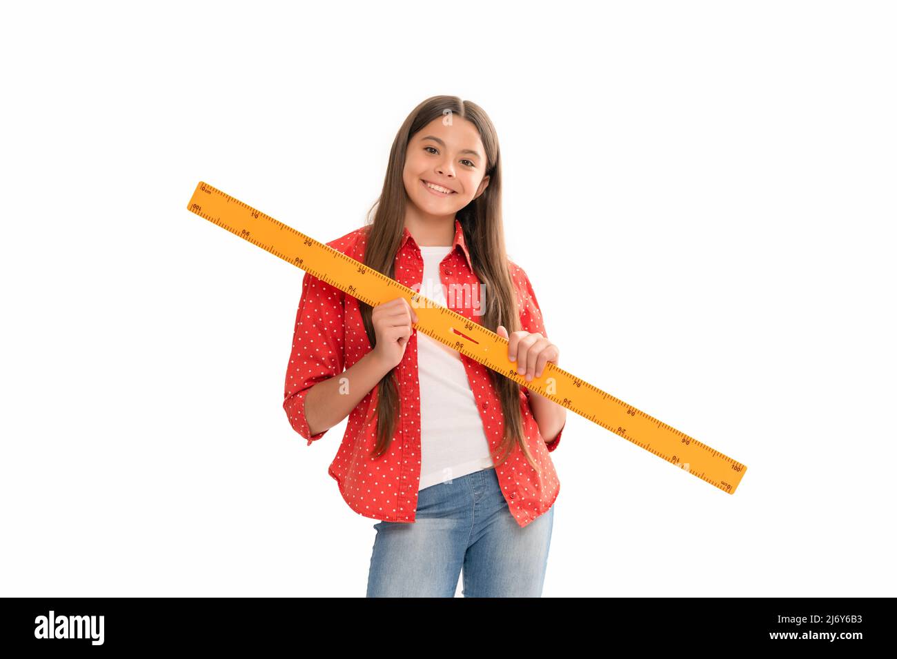 education for child. mathematics. happy teen girl with ruler. back to ...