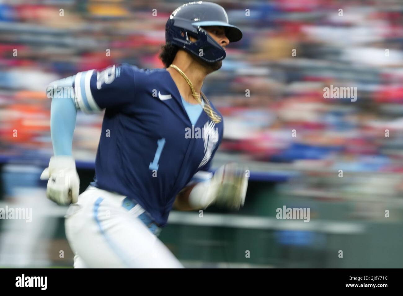 Kansas, USA. May 04, 2022: Kansas City Royals MJ Melendez (1) races to ...
