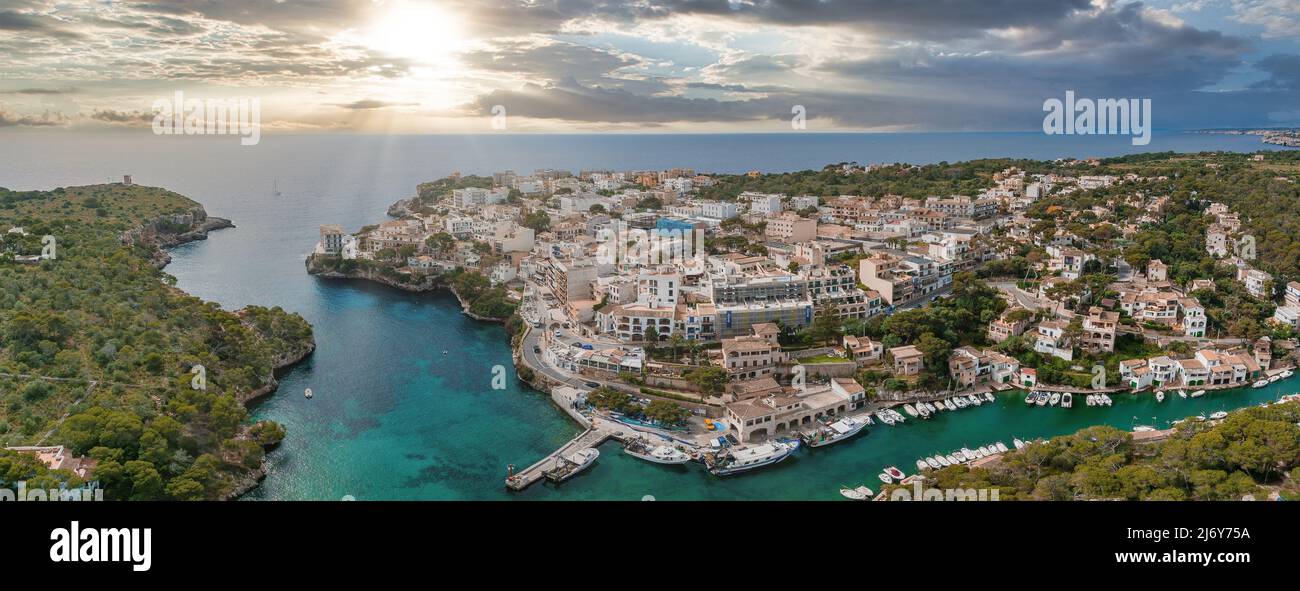 Aerial view of the Porto Colom fishing village in Majorca Stock Photo ...