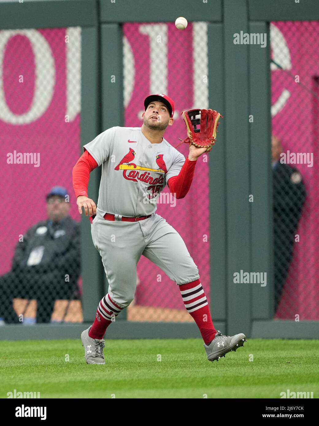 May 04, 2022: Juan Yepez make a catch in left field at Kauffman Stadium ...