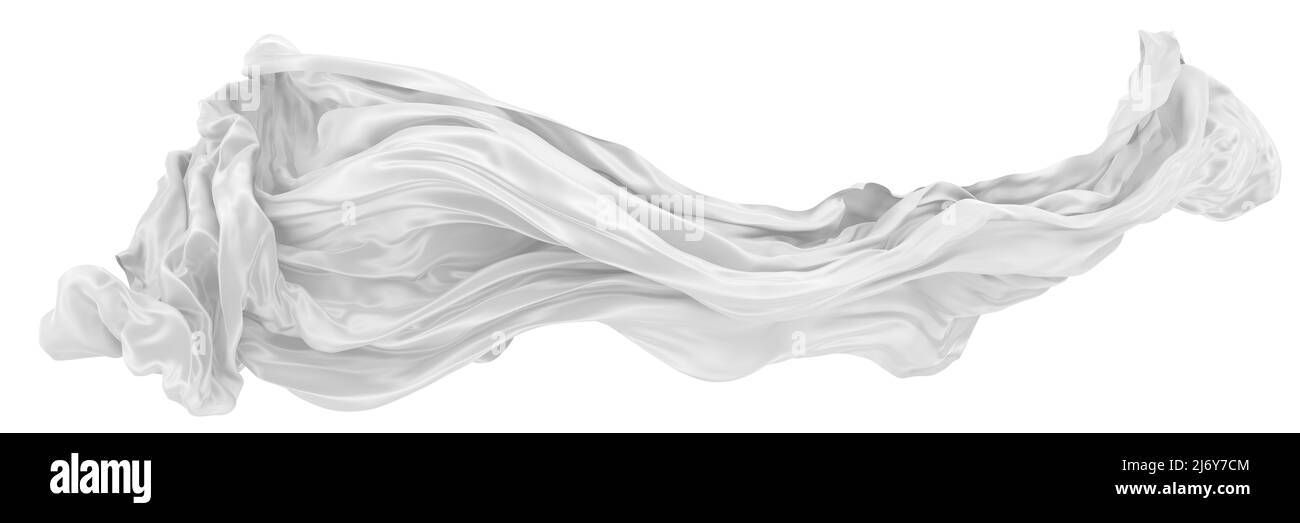 Beautiful flowing cloth flying in the wind. White wavy silk or satin ...