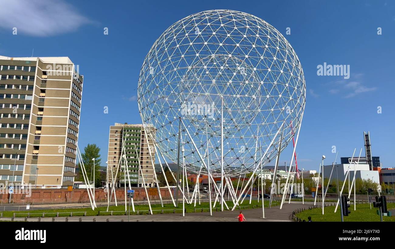 Sphere Monument in the city center of Belfast - BELFAST, UK - APRIL 25 ...