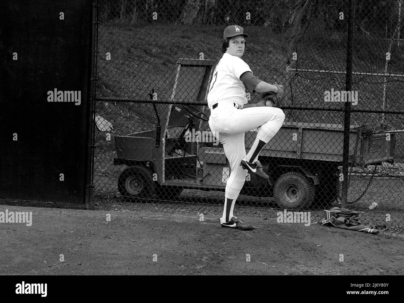 Dodger pitcher Steve Howe warming up in the bullpen at an exhibition ...
