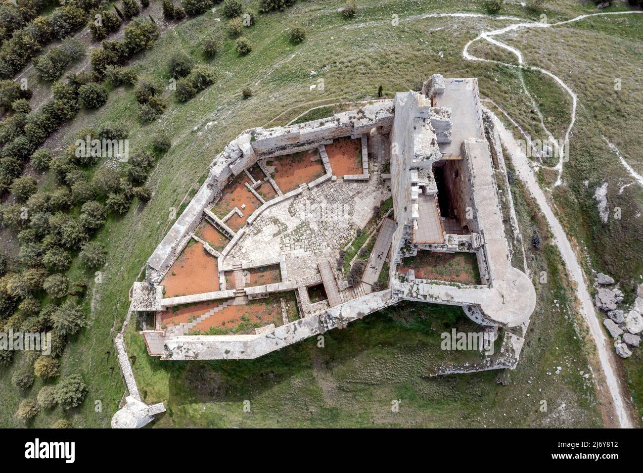 Aerial view of the ruins of an ancient medieval castle in Castrojeriz ...