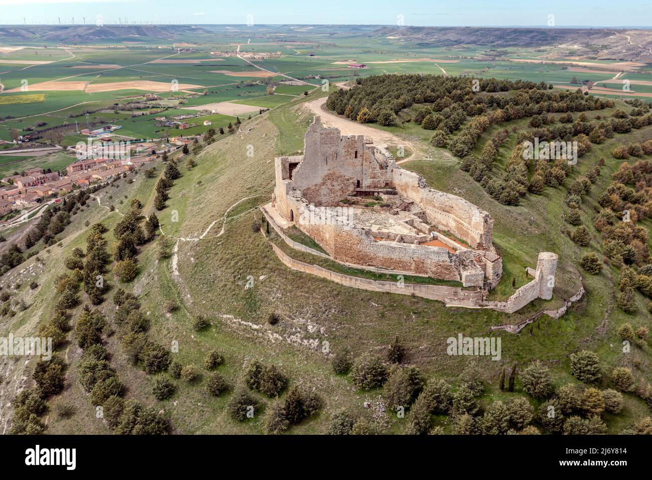 Aerial view of the ruins of an ancient medieval castle in Castrojeriz ...