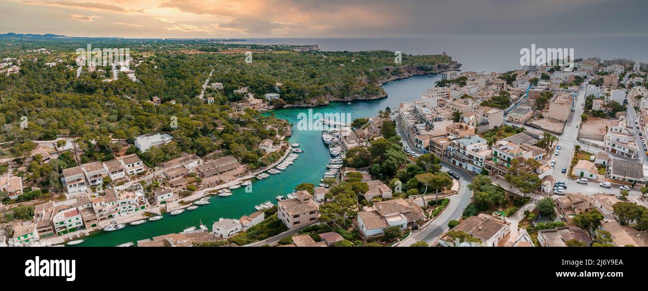 Aerial view of the Porto Colom fishing village in Majorca Stock Photo ...