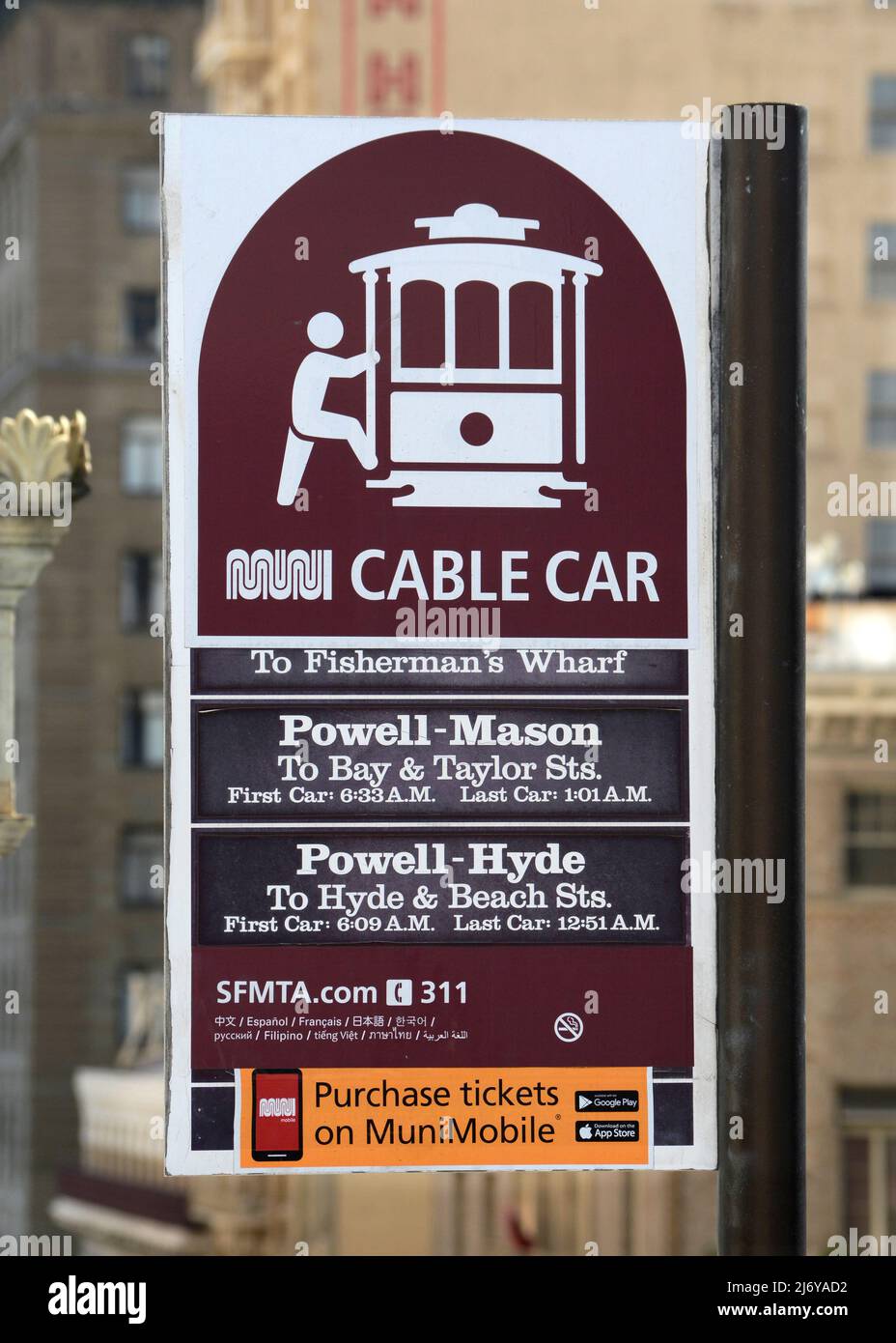 A sign identifies a cable car stop in San Francisco, California Stock ...
