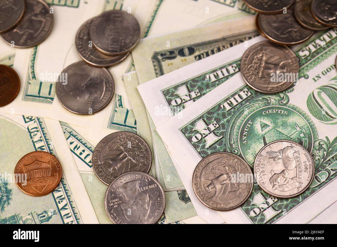 US money bills and coins close up. Big amount of american dollars on ...