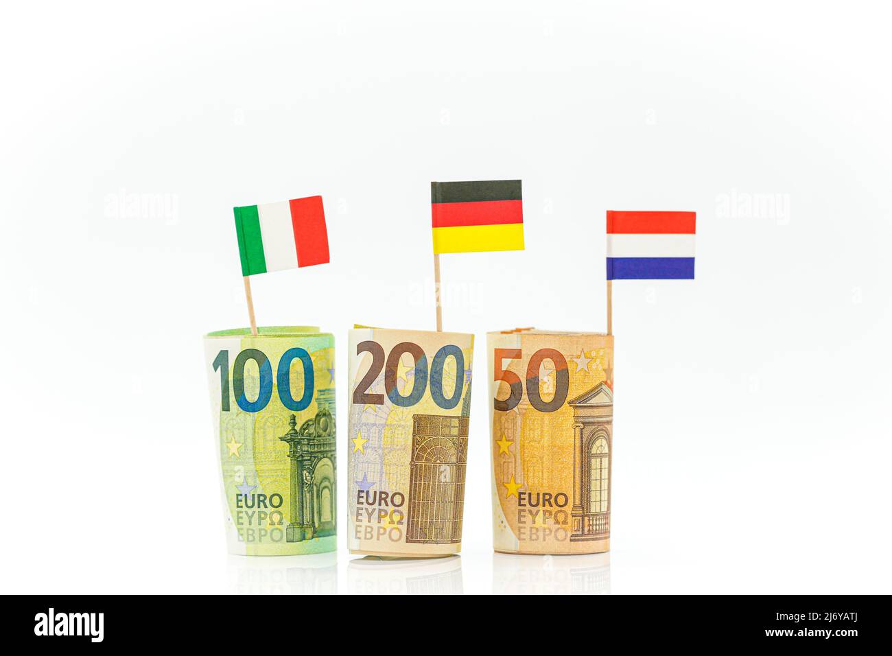 Germany, France Italy Flags and bills on a white background.euro money ...