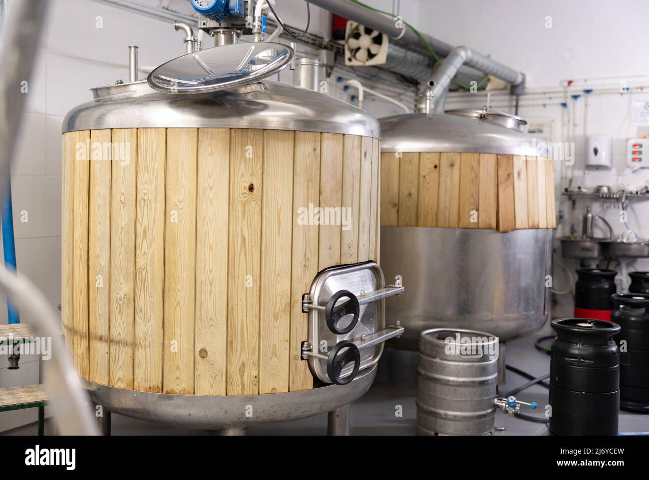 Tanks for the storage and fermentation of beer in beer factory Stock ...