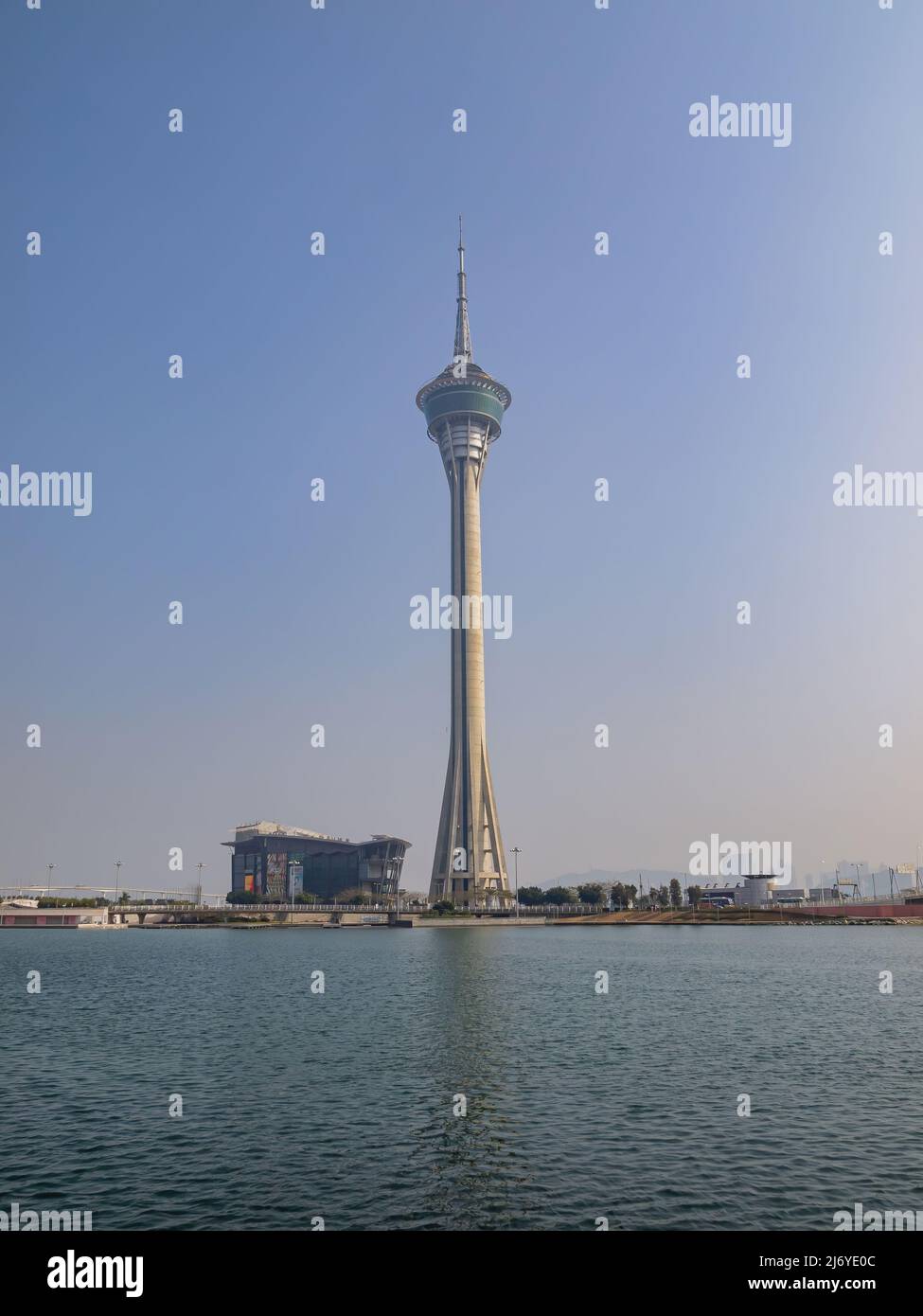 Sunny view of the famous Macau tower at Sai Van Lake, Macau, China ...