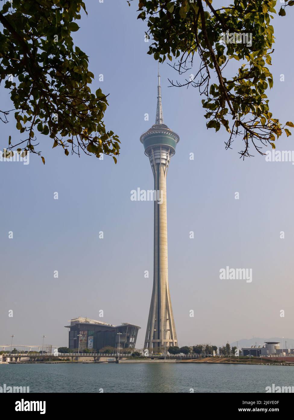Sunny view of the famous Macau tower at Sai Van Lake, Macau, China ...