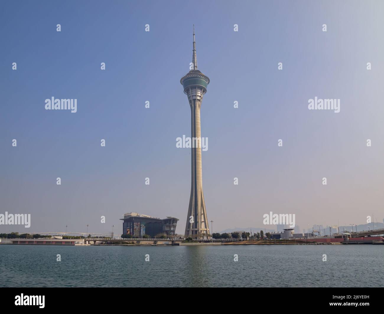Sunny view of the famous Macau tower at Sai Van Lake, Macau, China ...