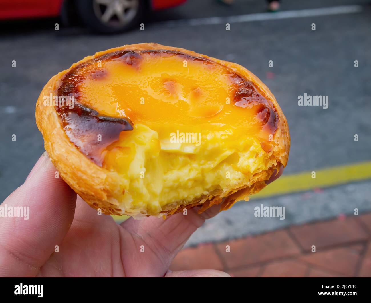 Close up shot of the famous portugal style egg tart at Macau, China ...