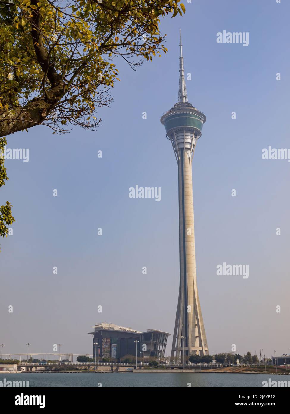 Sunny view of the famous Macau tower at Sai Van Lake, Macau, China ...