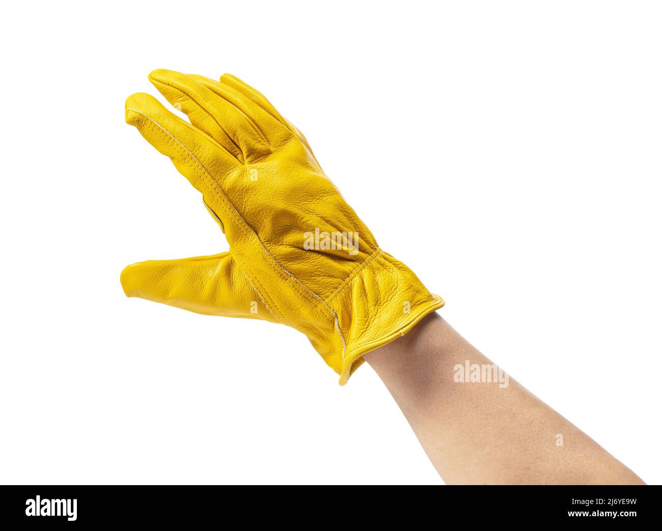Male hand wearing yellow leather glove on white background. Sign with ...