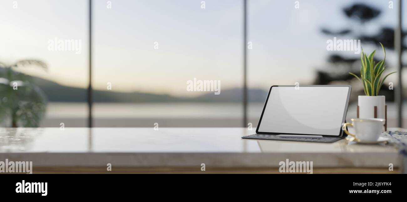 Marble tabletop workspace with portable tablet white screen mockup ...