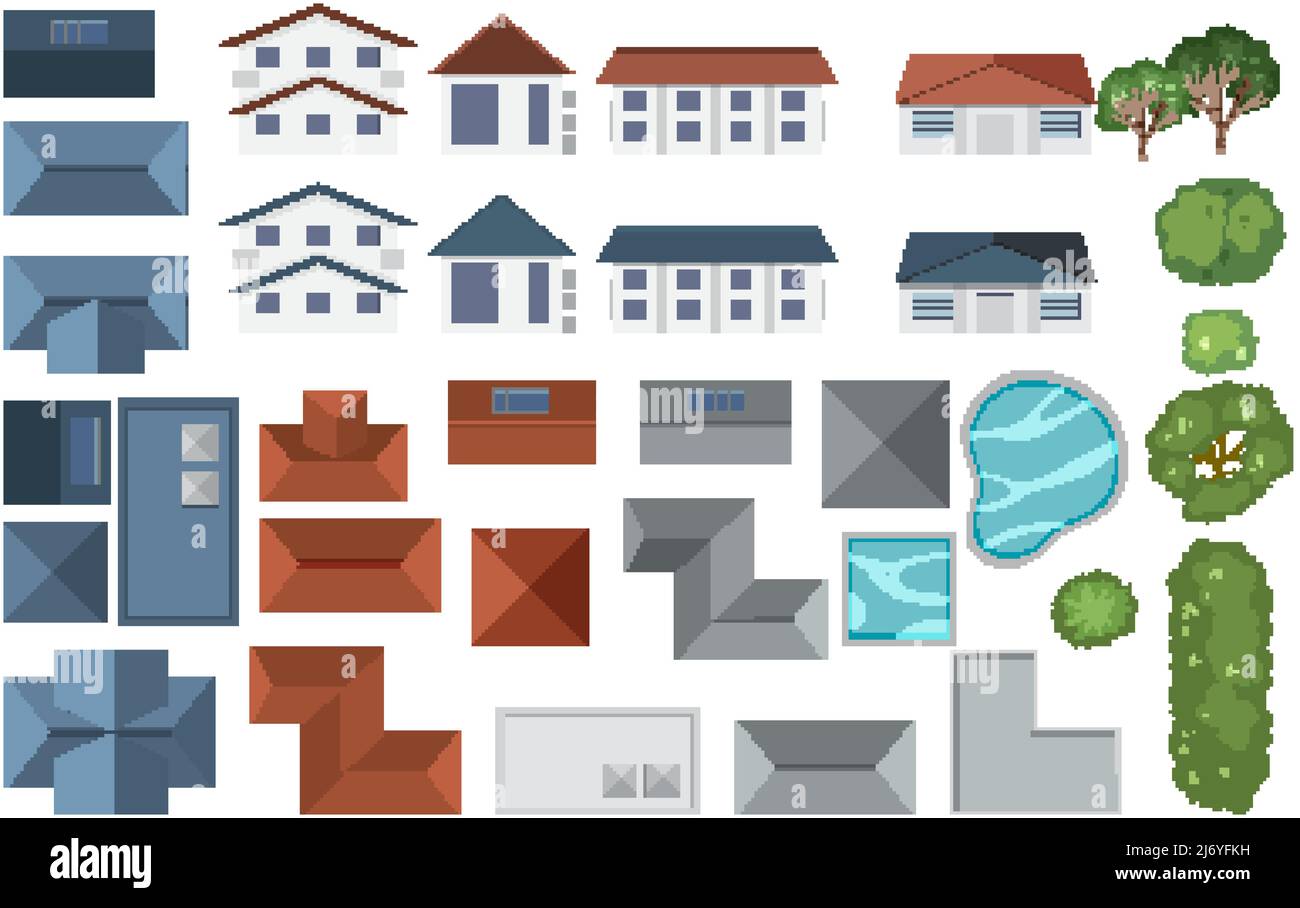 Set of aerial view houses and decor element illustration Stock Vector ...