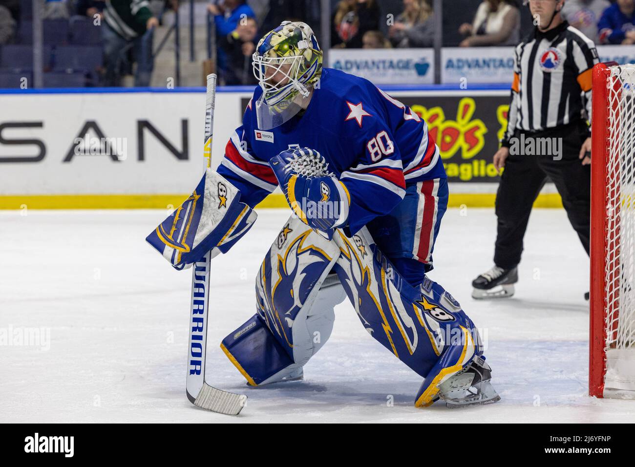 April 29, 2022: Rochester Americans goaltender Aaron Dell (80) prepares ...