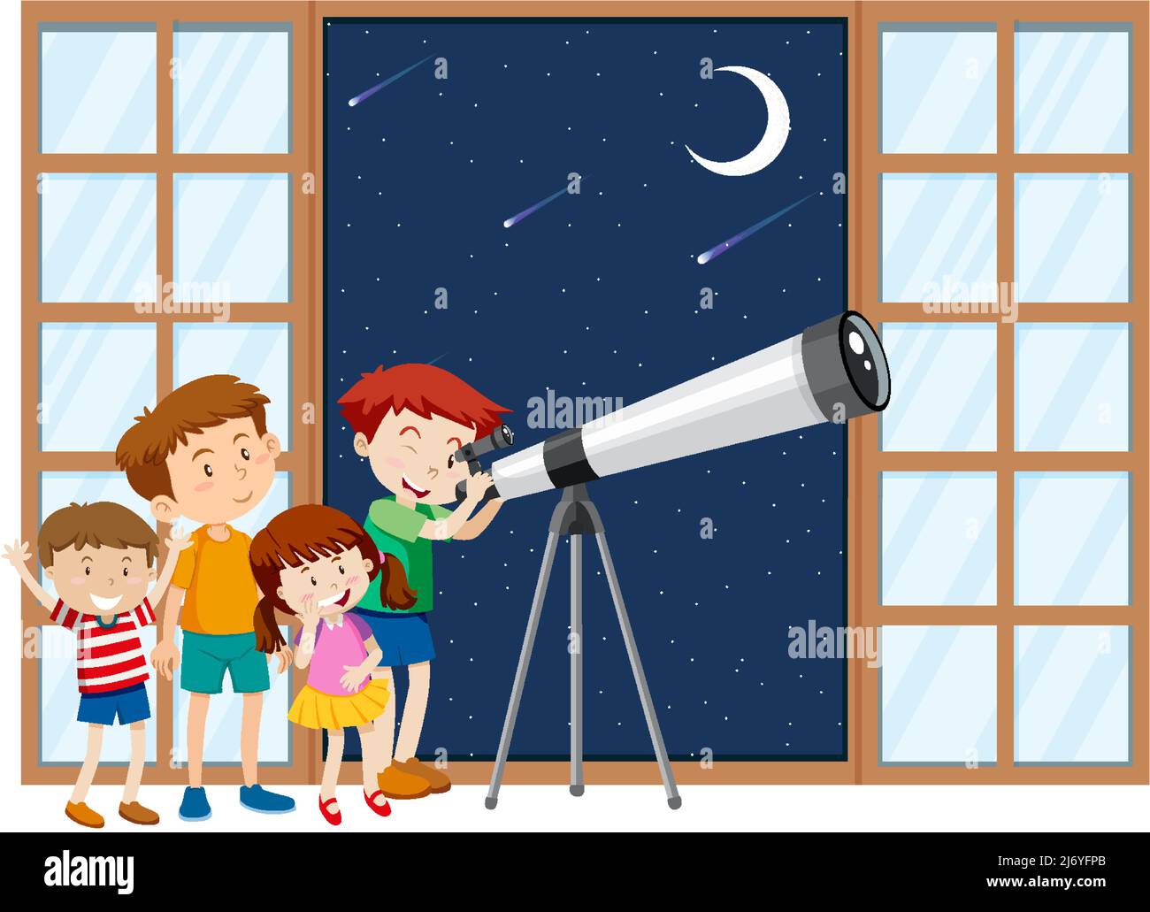 Kids observe night sky with telescope illustration Stock Vector Image ...