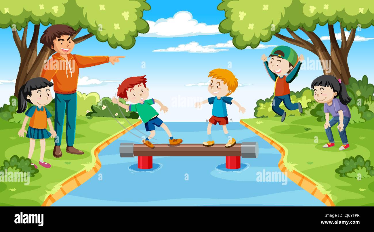 Children balancing on beam at the park illustration Stock Vector Image ...