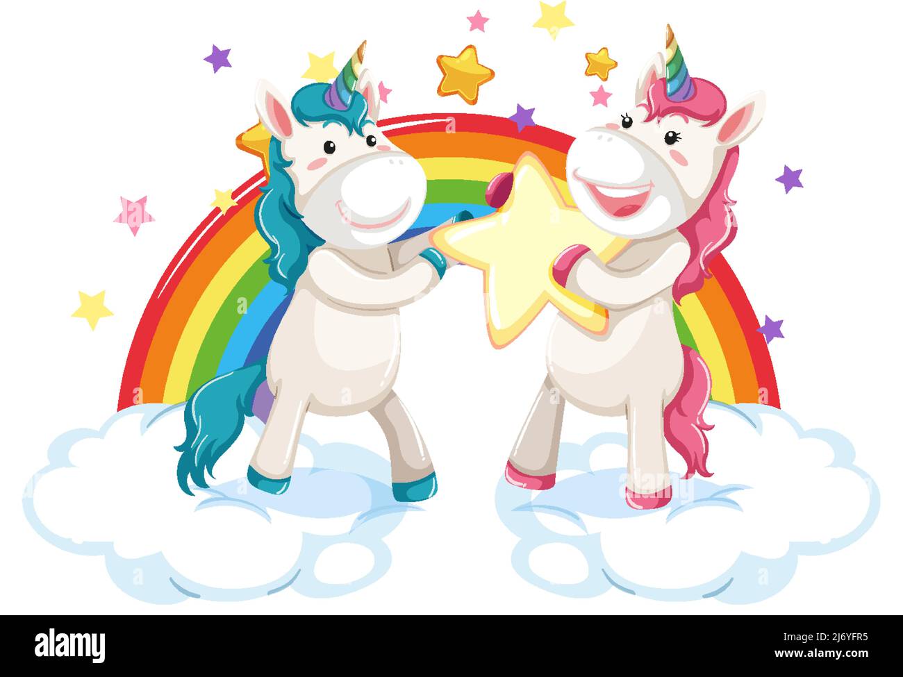 Two cute unicorns standing on clouds with rainbow illustration Stock ...