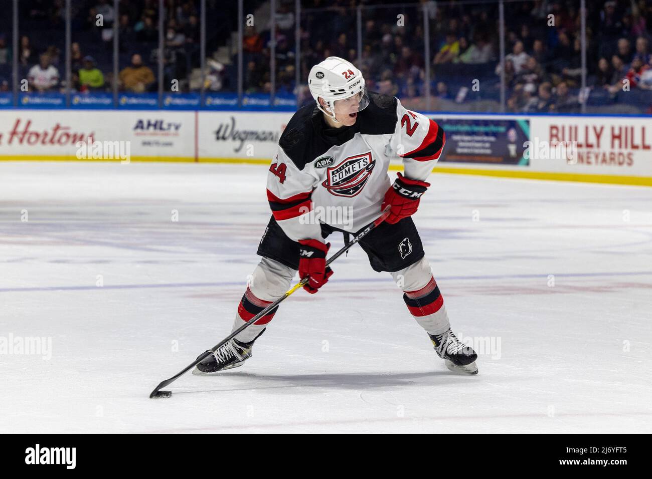 April 29, 2022: Utica comets forward Brian Halonen (24) takes a shot on ...