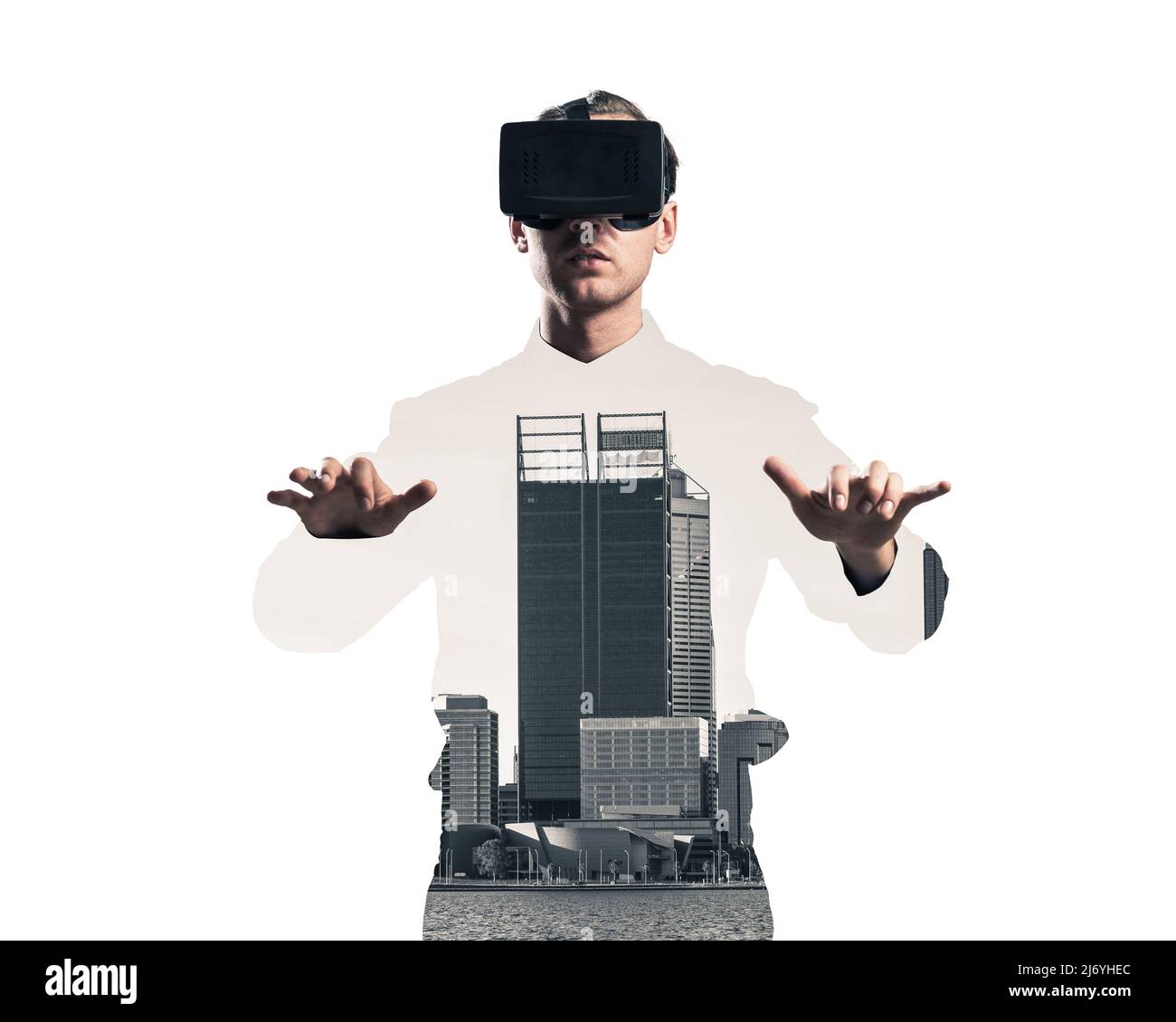 Guy wearing checked shirt and virtual mask stretching hand to touch ...