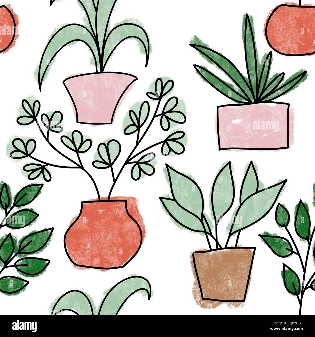 Seamless hand drawn pattern with houseplants, indoor plants flowers in ...