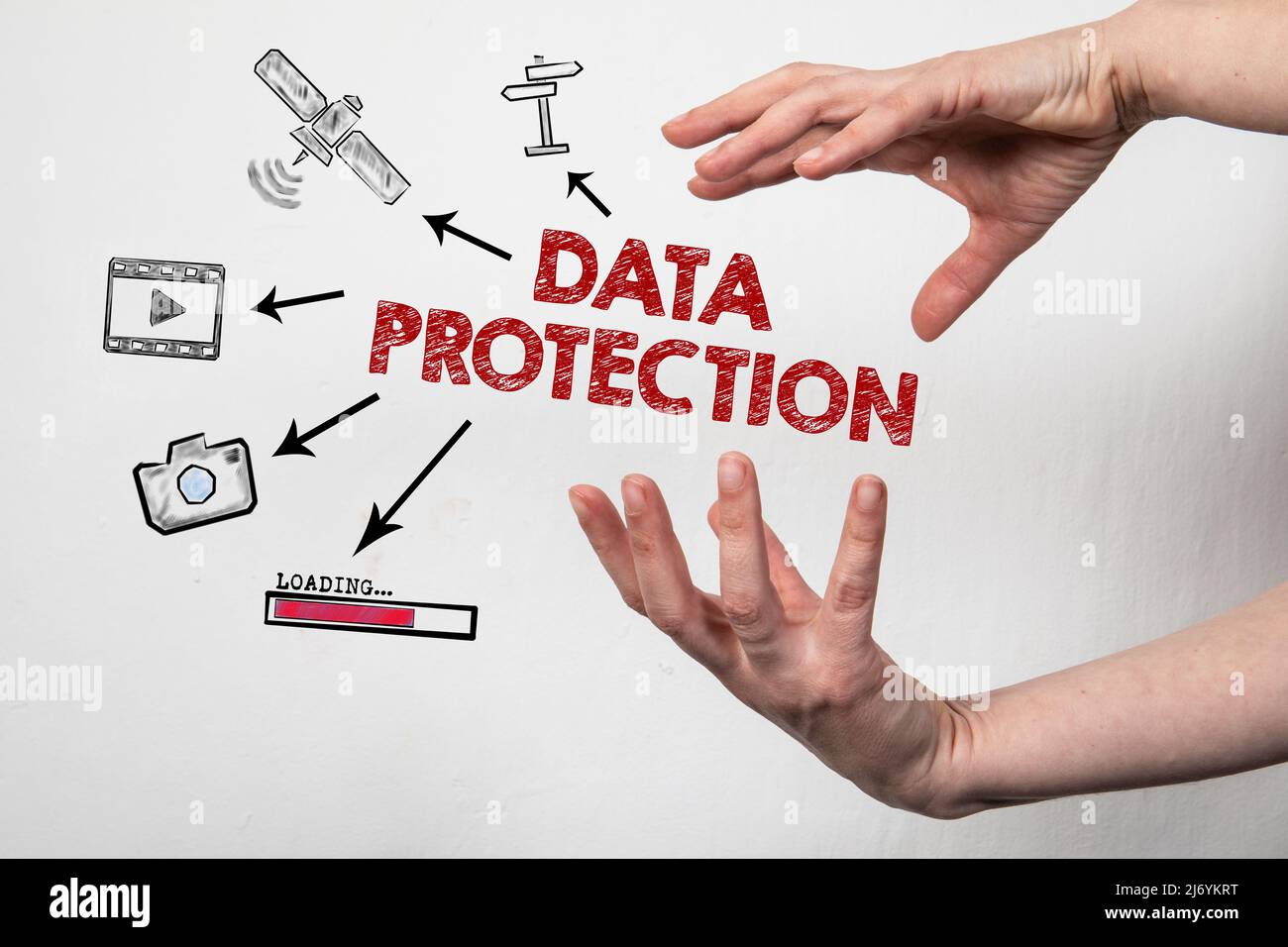 DATA PROTECTION. Illustrated icons and arrows in a woman's hand on a ...