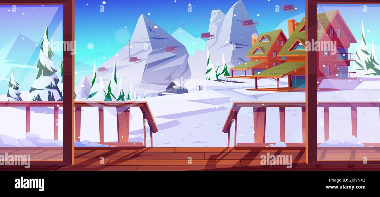 Chalet or lodge on mountain ski resort with funicular. Vector cartoon ...
