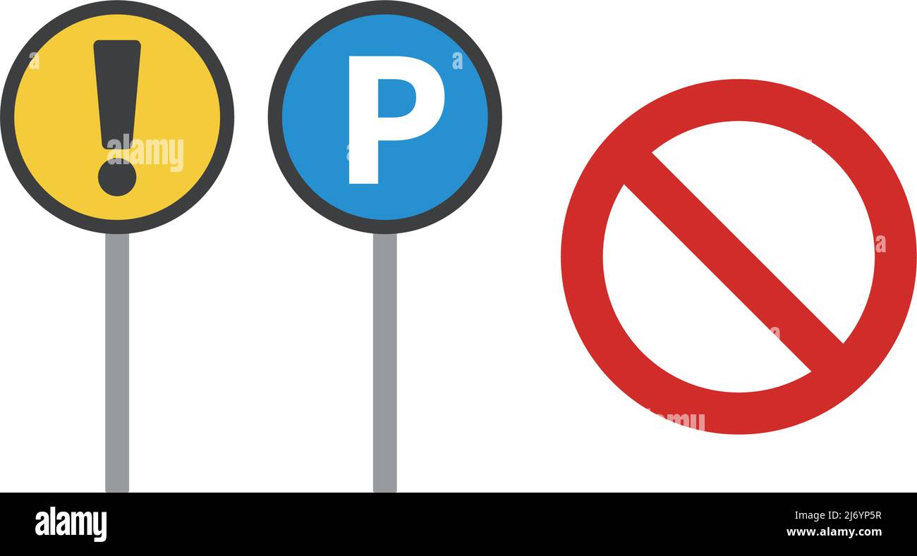 Caution and parking sign pole, stop sign icon set. Editable vector ...