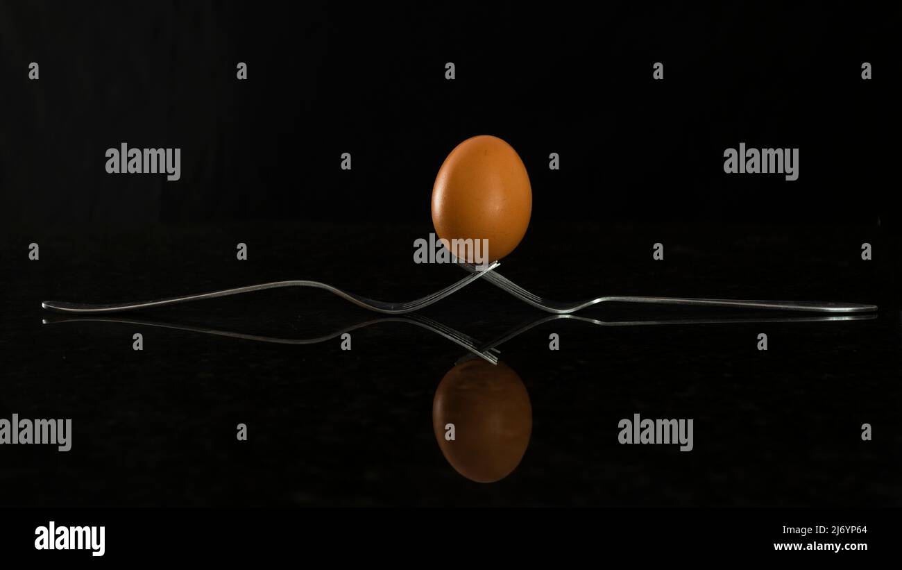 Raw egg balanced on the forks, reflected on a black surface Stock Photo ...